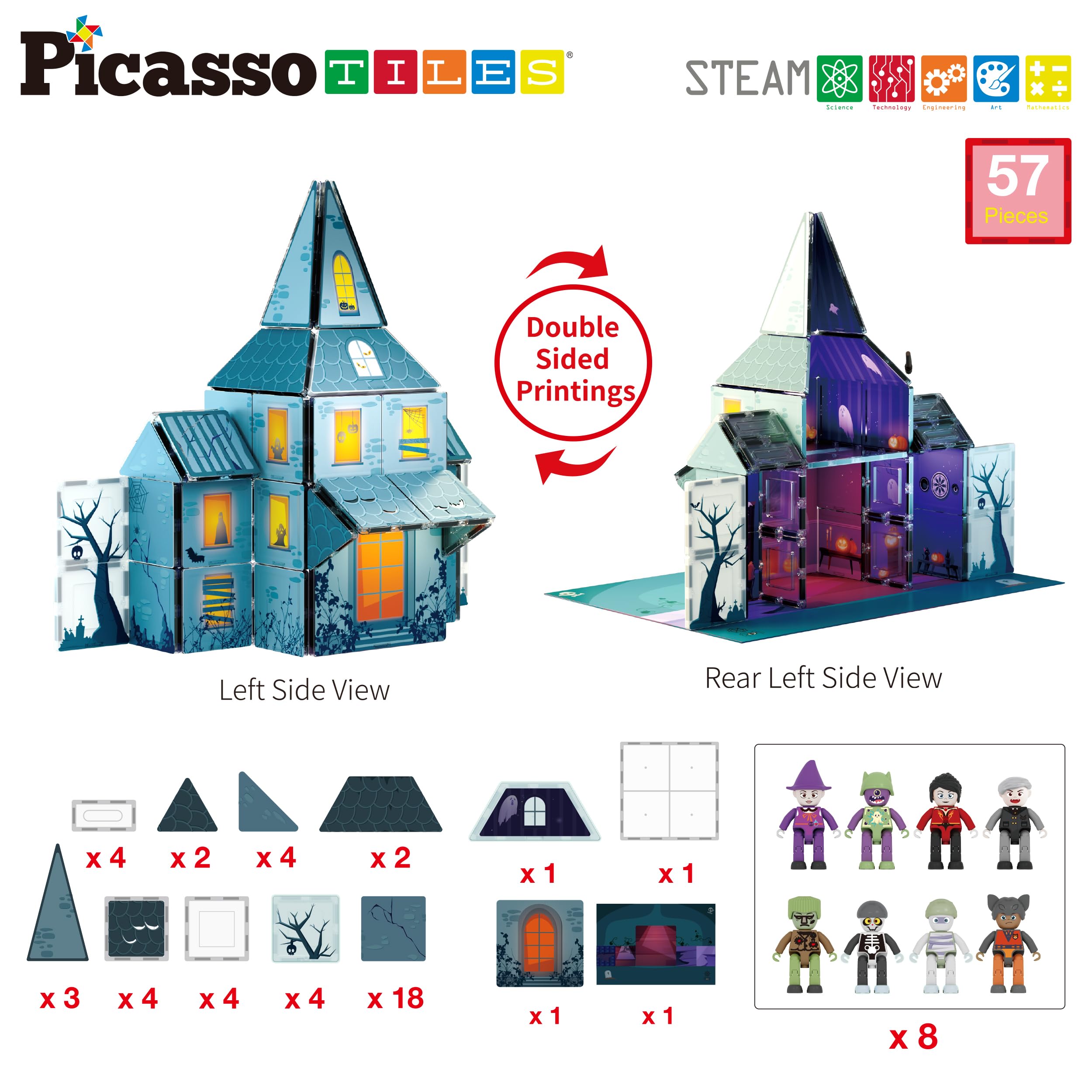 PicassoTiles Haunted House Theme Magnet Tile Building Blocks 8 Action Figures Magnetic Construction Toy Double Sided Printing Education STEM Learning Playset Halloween Adventure Kid Ages 3+ PTQ03