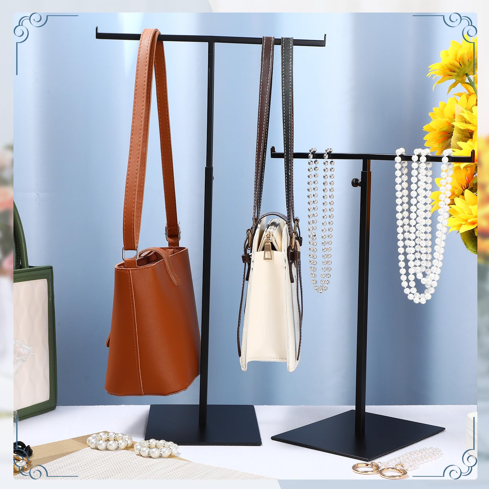 Leinuosen 4 Pcs Tabletop Purse Display Stand Metal T Bar Handbag Display Stand Holder Adjustable Height Double Hook Hanging Jewelry Stands for Home Store Boutique Counter(Black)