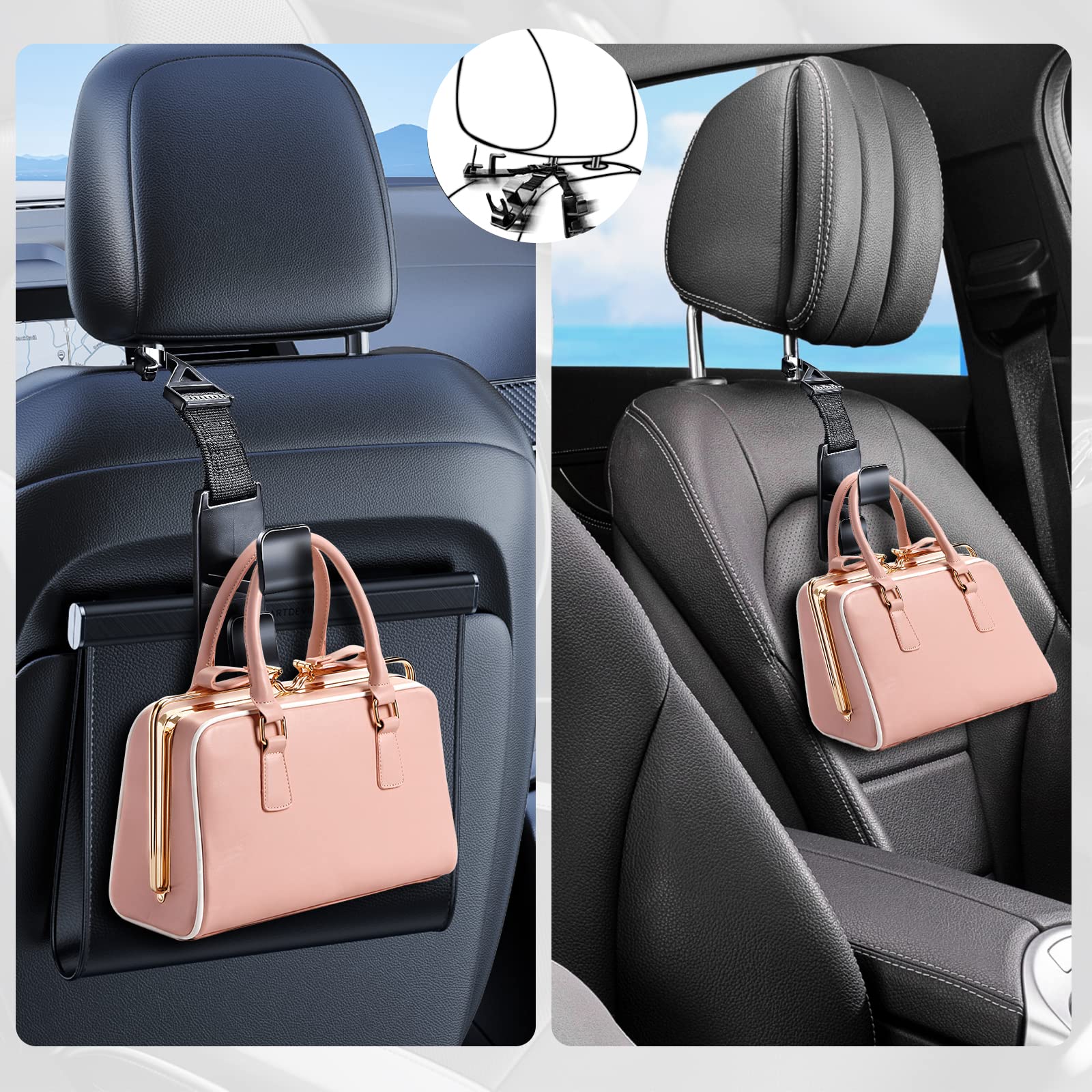 Ouzorp 2Pack Car Seat Headrest Hook, Universal Car Storage Headrest Hanger Holder Hooks Organizer, Durable Backseat Hanger Interior Accessories for Handbag