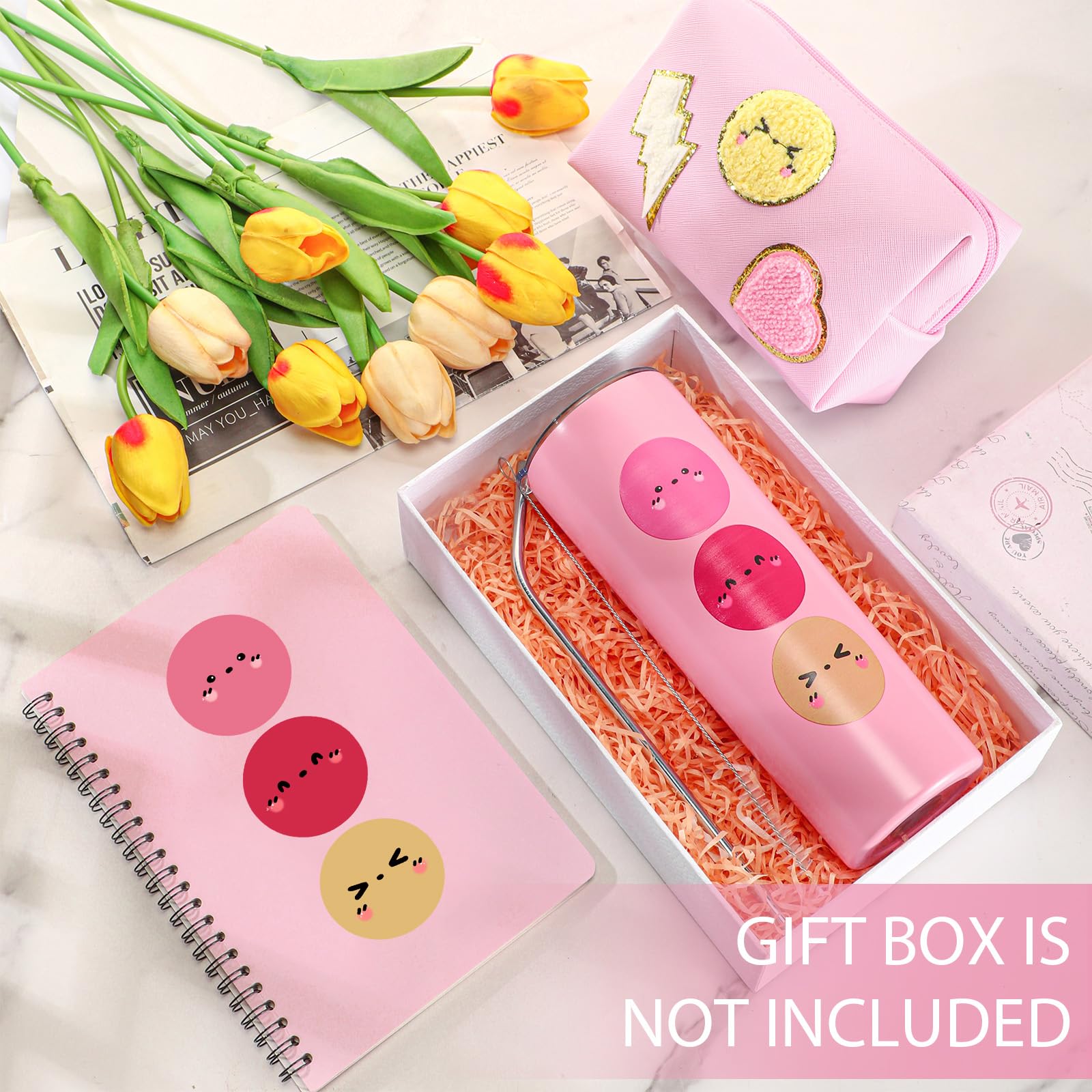 Fumete 3 Pcs Thank You Pink Gift Set Include 20 oz Preppy Stainless Steel Tumbler Preppy Notebook PU Leather Waterproof Makeup Cosmetic Bag Valentine‘s Day Graduation Back to School Gifts(Smile Face)