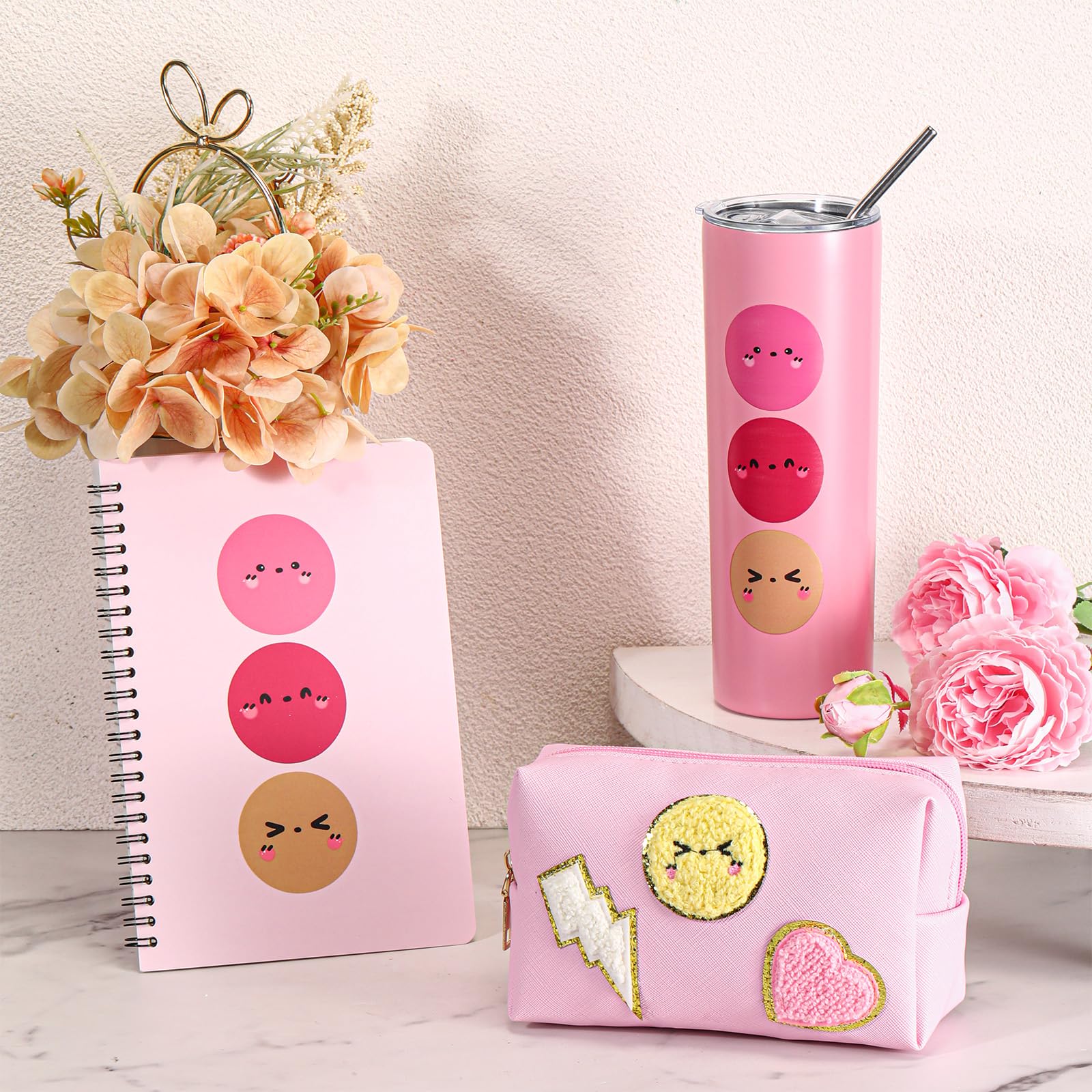 Fumete 3 Pcs Thank You Pink Gift Set Include 20 oz Preppy Stainless Steel Tumbler Preppy Notebook PU Leather Waterproof Makeup Cosmetic Bag Valentine‘s Day Graduation Back to School Gifts(Smile Face)