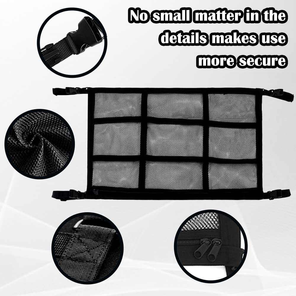 Improve Version Car Ceiling Cargo Net Pocket with Zip,Reinforced Webbing&Double Layers Cargo Carrier,Universal Road Trip Essentials Car Organizers and Storage for Tent,Toy,Quilts