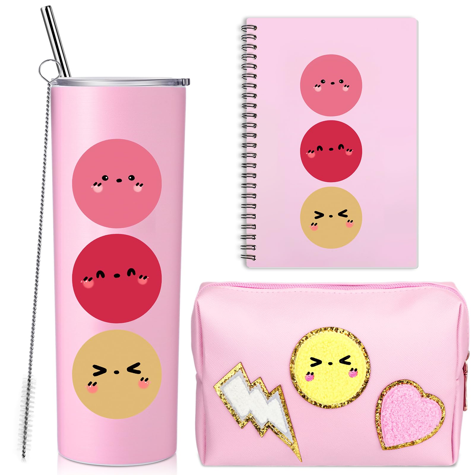 Fumete 3 Pcs Thank You Pink Gift Set Include 20 oz Preppy Stainless Steel Tumbler Preppy Notebook PU Leather Waterproof Makeup Cosmetic Bag Valentine‘s Day Graduation Back to School Gifts(Smile Face)
