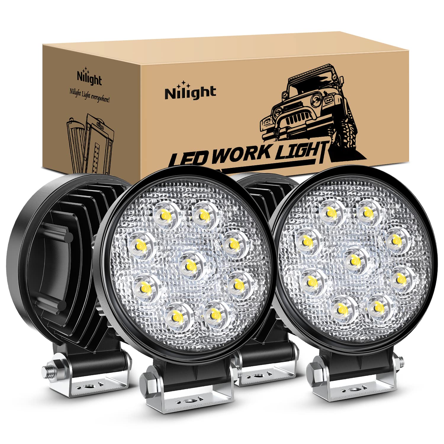 Nilight 15016F-C Led 4PCS 4.5" 27w 3000LM Round Flood Light Pod Off Road Fog Driving Roof Bar Bumper for Jeep,SUV Truck, Hunters