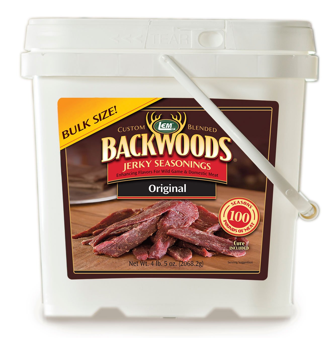 LEM Products Backwoods Original Jerky Seasoning, Ideal for Wild Game and Domestic Meat, Seasons Up to 100 Pounds of Meat, 4 Pound, 5.5 Ounce Bucket with Pre-Measured Cure Packet Included