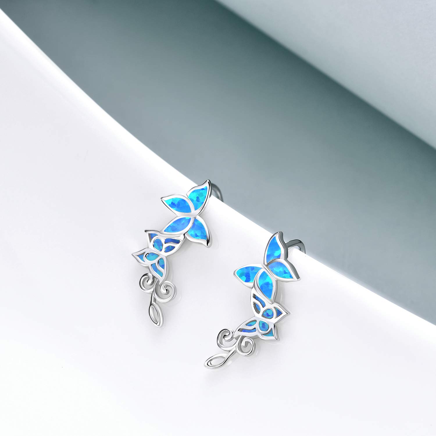 WINNICACA Ear Climbers Earrings for Women Sterling Silver Climber Earrings Created Blue Opal Ear Butterflies Crawler Earrings for Women Butterfly Stud Earrings for Women