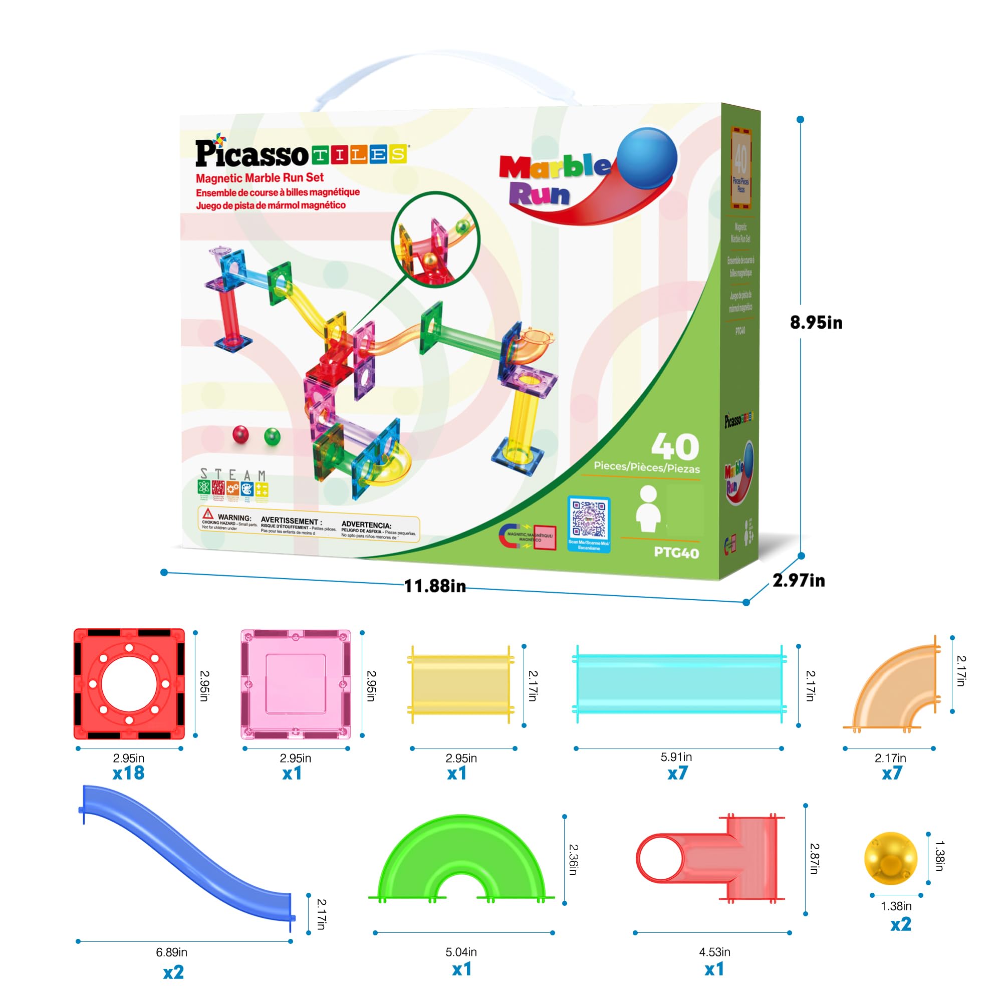 PicassoTiles Marble Run Magnetic Tile Race Track Toy Play Set STEM Building & Learning Early Educational Child Magnet Construction Block Creative Kit Boys & Girls Age 3+ Years Old Toys PTG40