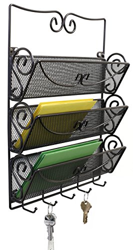DecoBros Wall Mount 3 Tier Letter Rack Organizer w/ Key Holder, Bronze