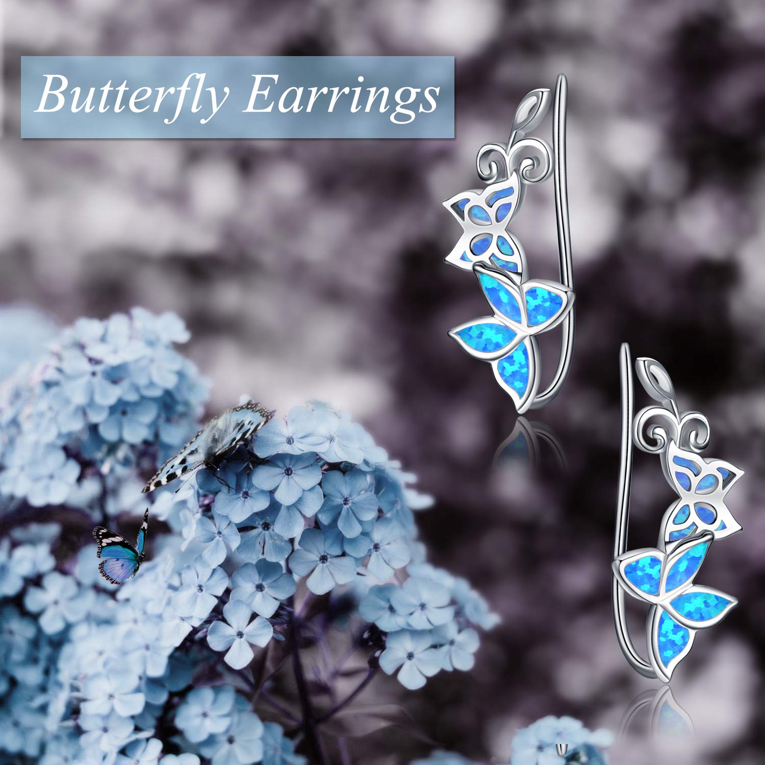 WINNICACA Ear Climbers Earrings for Women Sterling Silver Climber Earrings Created Blue Opal Ear Butterflies Crawler Earrings for Women Butterfly Stud Earrings for Women