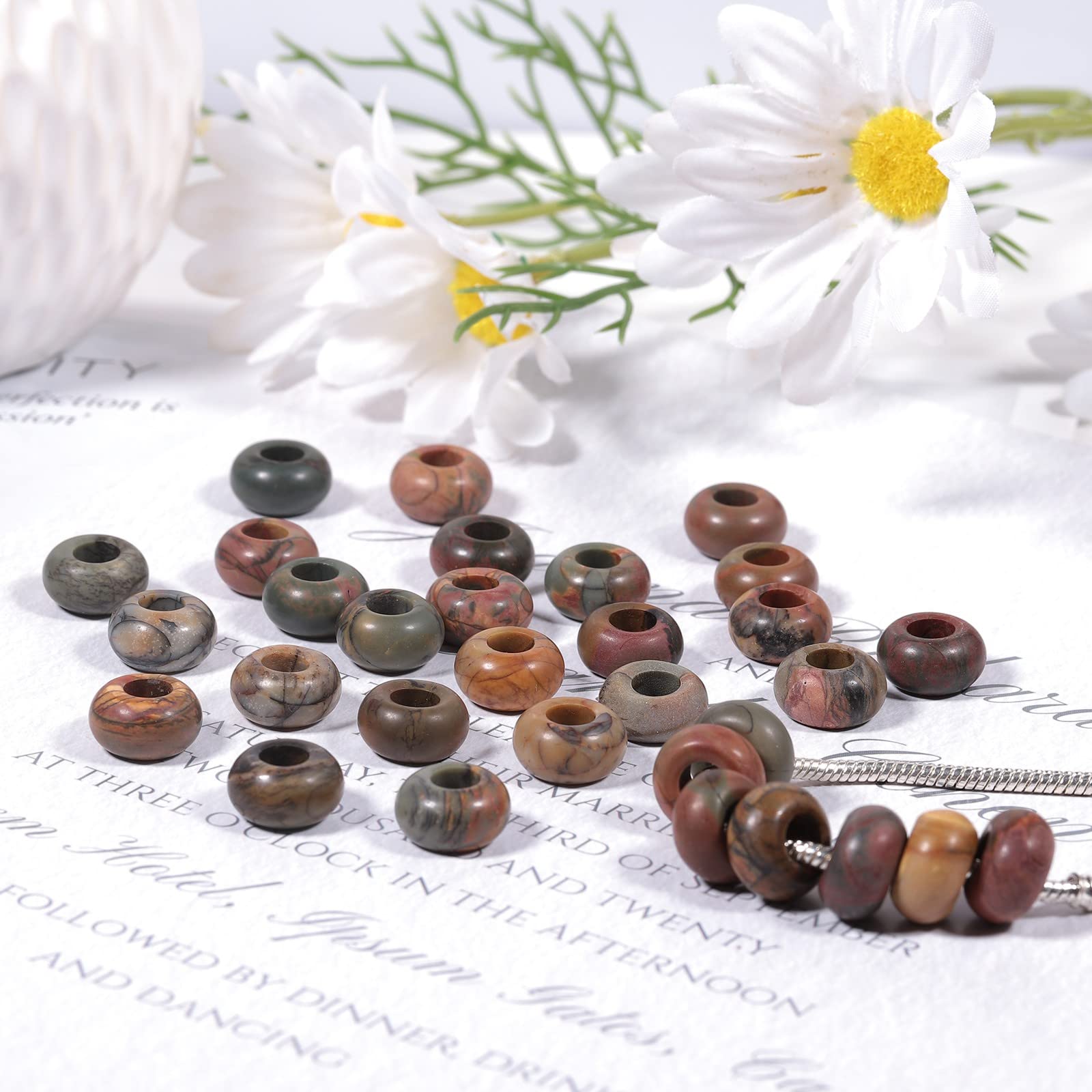 TUMBEELLUWA 40pcs Crystal Stone Large Hole Beads for Jewelry Making Macrame Beads for Hair Braids(14mmx8mm), Tiger's Eye Stone + Rose Quartz + Picasso Jasper + Yellow Jade