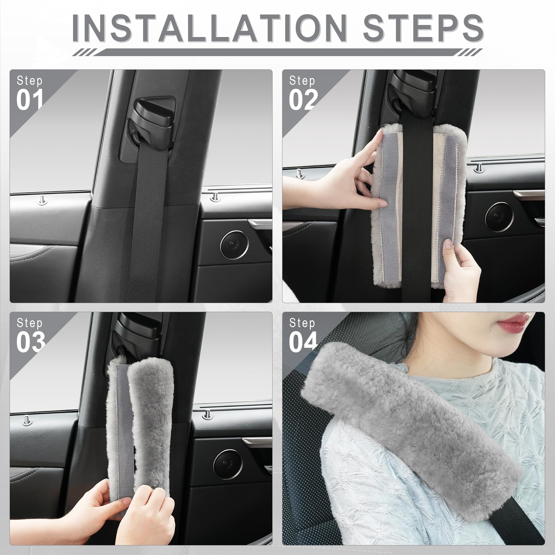 JUSTTOP Car Sheepskin seat Belt Cover pad, 2-Pack Seatbelt Cushion for A More Comfortable Driving,Seatbelt Covers Shoulder Strap Covers Harness Pad for Car Interior Accessories(Grey)