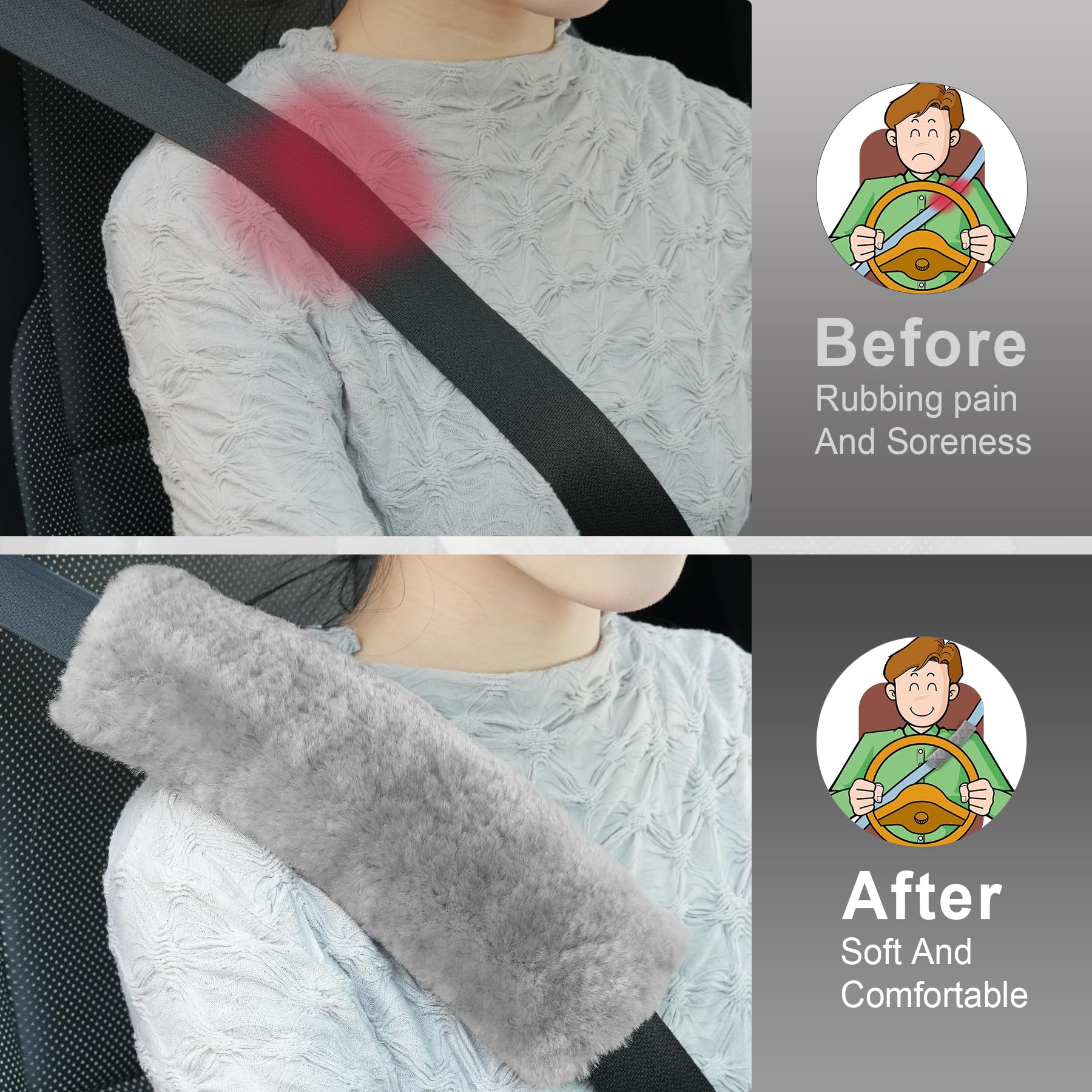 JUSTTOP Car Sheepskin seat Belt Cover pad, 2-Pack Seatbelt Cushion for A More Comfortable Driving,Seatbelt Covers Shoulder Strap Covers Harness Pad for Car Interior Accessories(Grey)