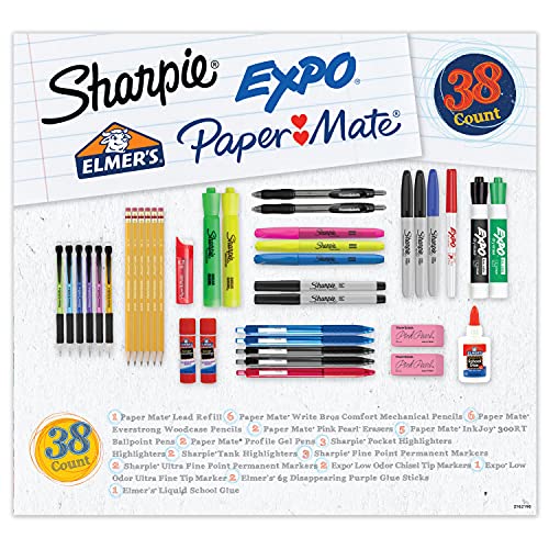 School Supplies Variety Pack, Sharpie, Expo, Paper Mate, Elmer’s, Permanent Markers, Mechanical Pencils, Woodcase Pencils, Ballpoint Pens, Gel Pens, School Glue, Glue Sticks, and More, 38 Count