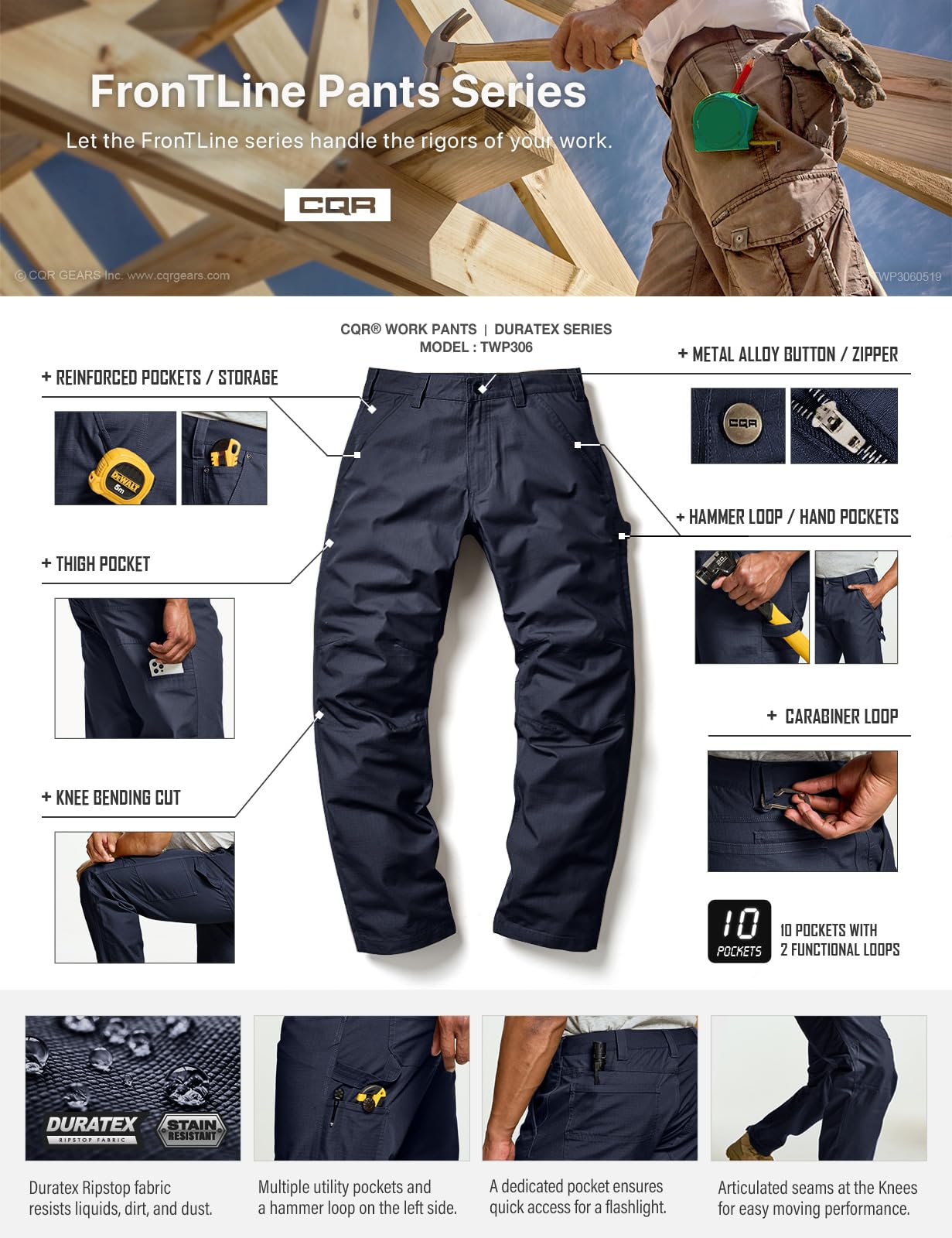 CQR Men's Ripstop Work Pants, Water Resistant Tactical Pants, Outdoor Utility Operator EDC Straight/Cargo Pants, Straight Police Navy, 44W x 30L