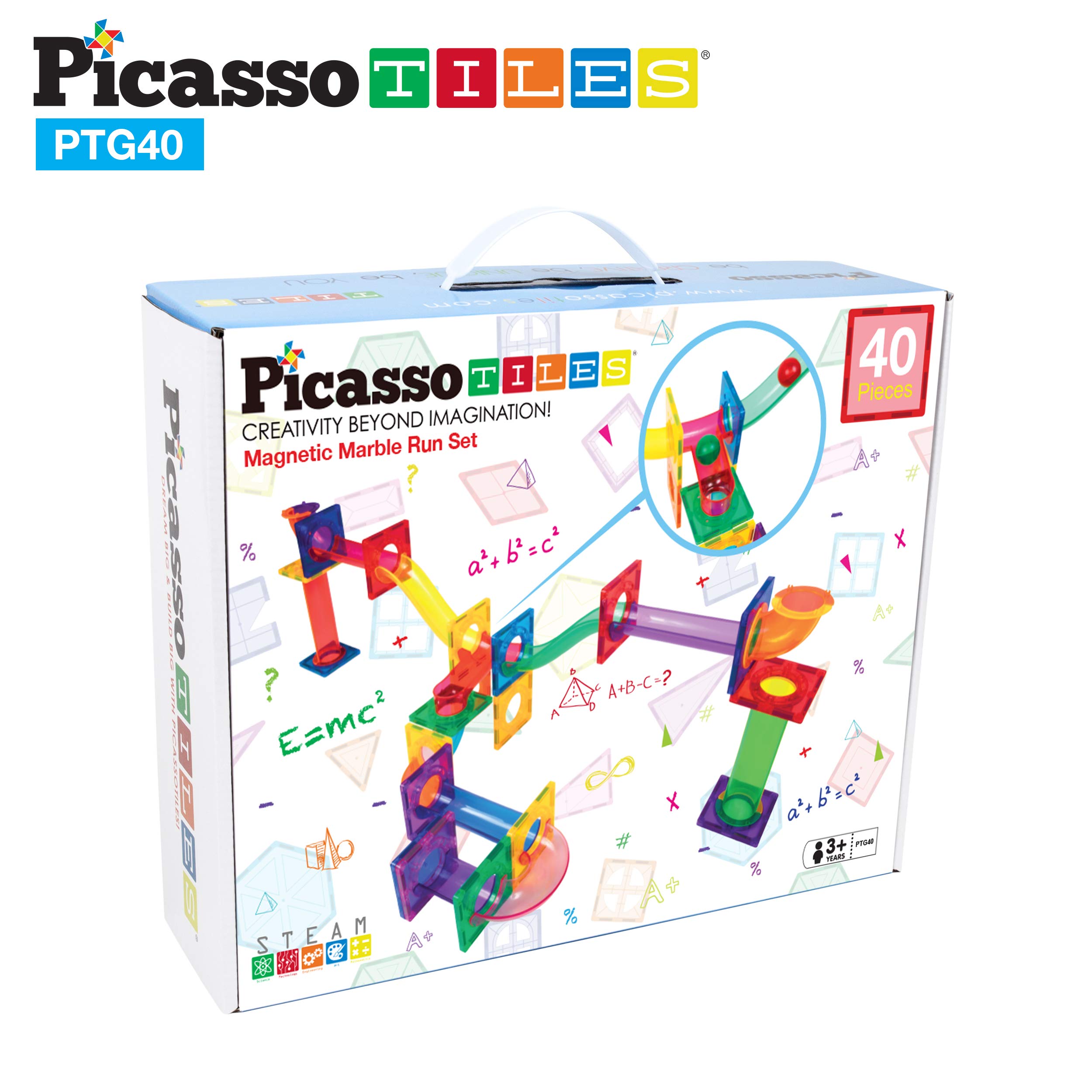 PicassoTiles Marble Run Magnetic Tile Race Track Toy Play Set STEM Building & Learning Early Educational Child Magnet Construction Block Creative Kit Boys & Girls Age 3+ Years Old Toys PTG40