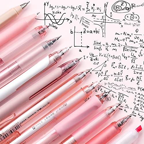 Four Candies 12Pack Pastel Gel Ink Pen Set, 11 Pack Black Ink Pens with 1Pack Highlighter for Writing, Retractable 0.5mm Fine Point Gel Pens, Cute Note Taking Pens for School Office (Pink)