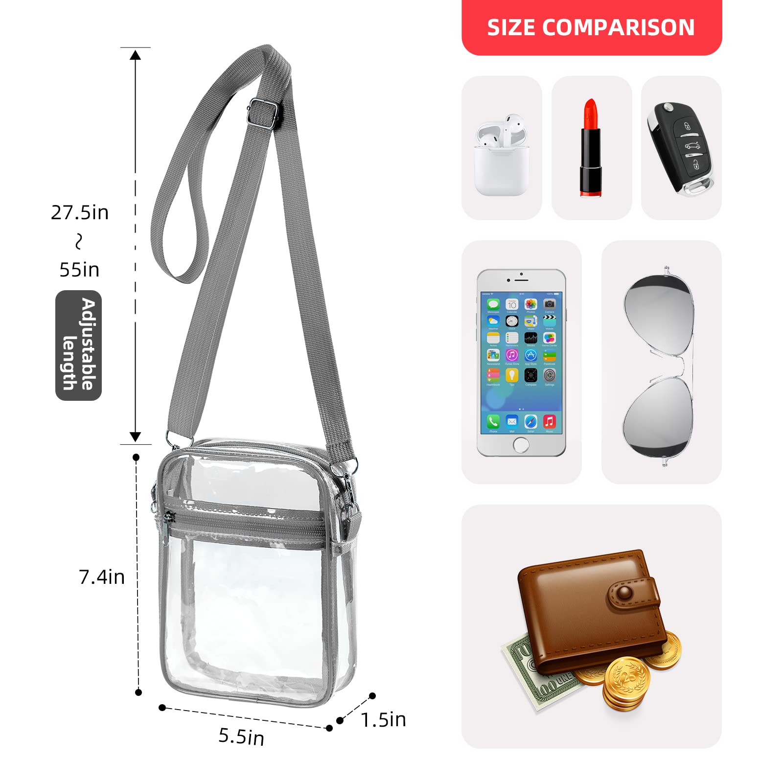 WJCD Clear Bag For Stadium Events PVC Concert Clear Tote Bag Stadium Approved For Women Clear Stadium Bag,with Front Pocket (Grey)