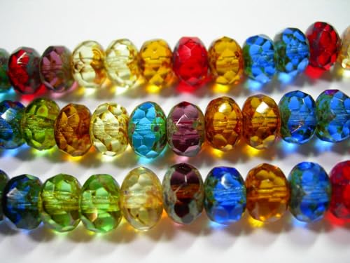 25 Mixed Jewel Tone Picasso Czech Glass Rondelle Beads 9x6mm