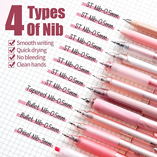 Four Candies 12Pack Pastel Gel Ink Pen Set, 11 Pack Black Ink Pens with 1Pack Highlighter for Writing, Retractable 0.5mm Fine Point Gel Pens, Cute Note Taking Pens for School Office (Pink)
