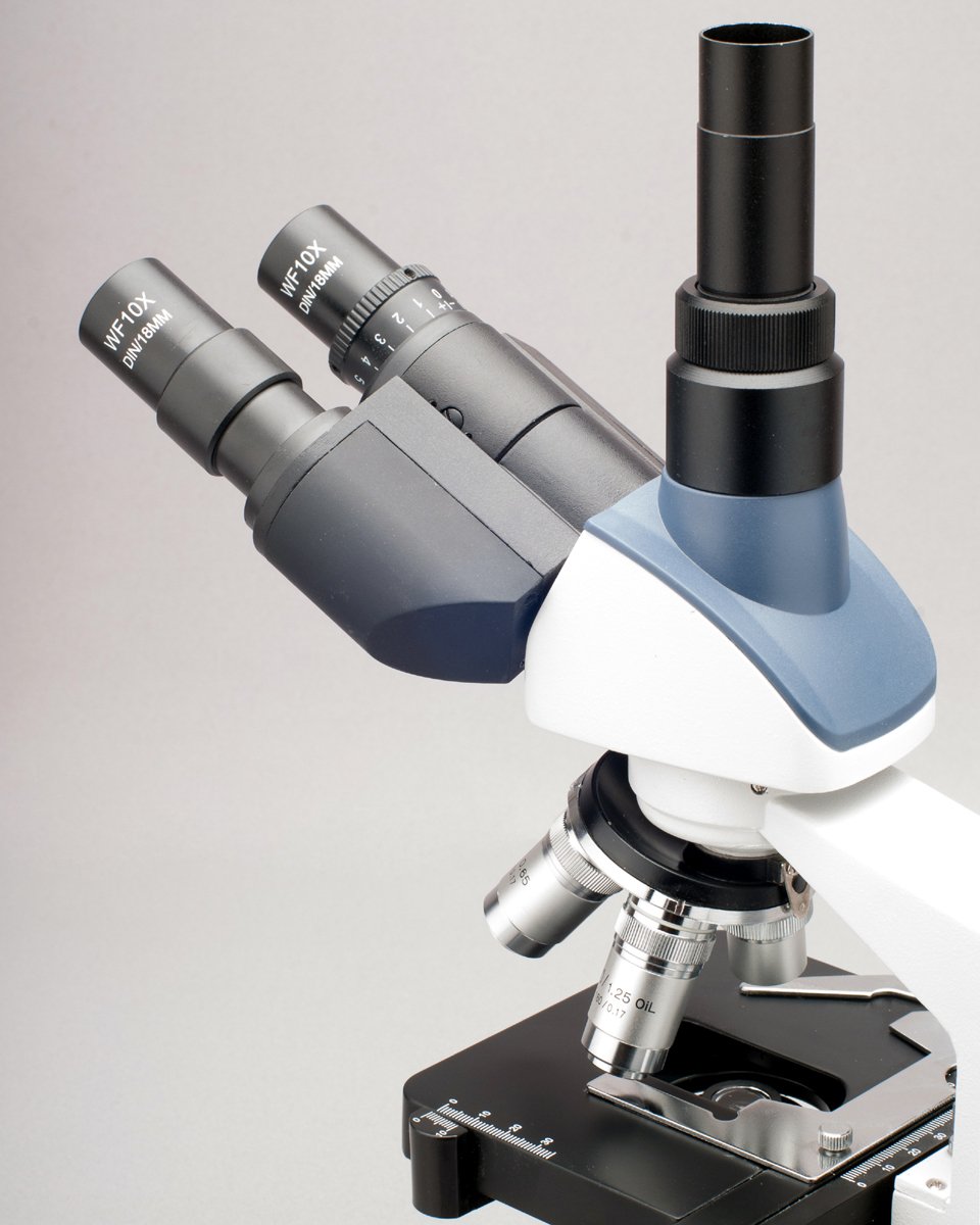 AmScope T120B-M Digital Professional Siedentopf Trinocular Compound Microscope, 40X-2000X Magnification, WF10x and WF20x Eyepieces, Brightfield, LED Illumination, Abbe Condenser with Iris Diaphragm, Double-Layer Mechanical Stage, 100-240VAC, Includes 1.3M