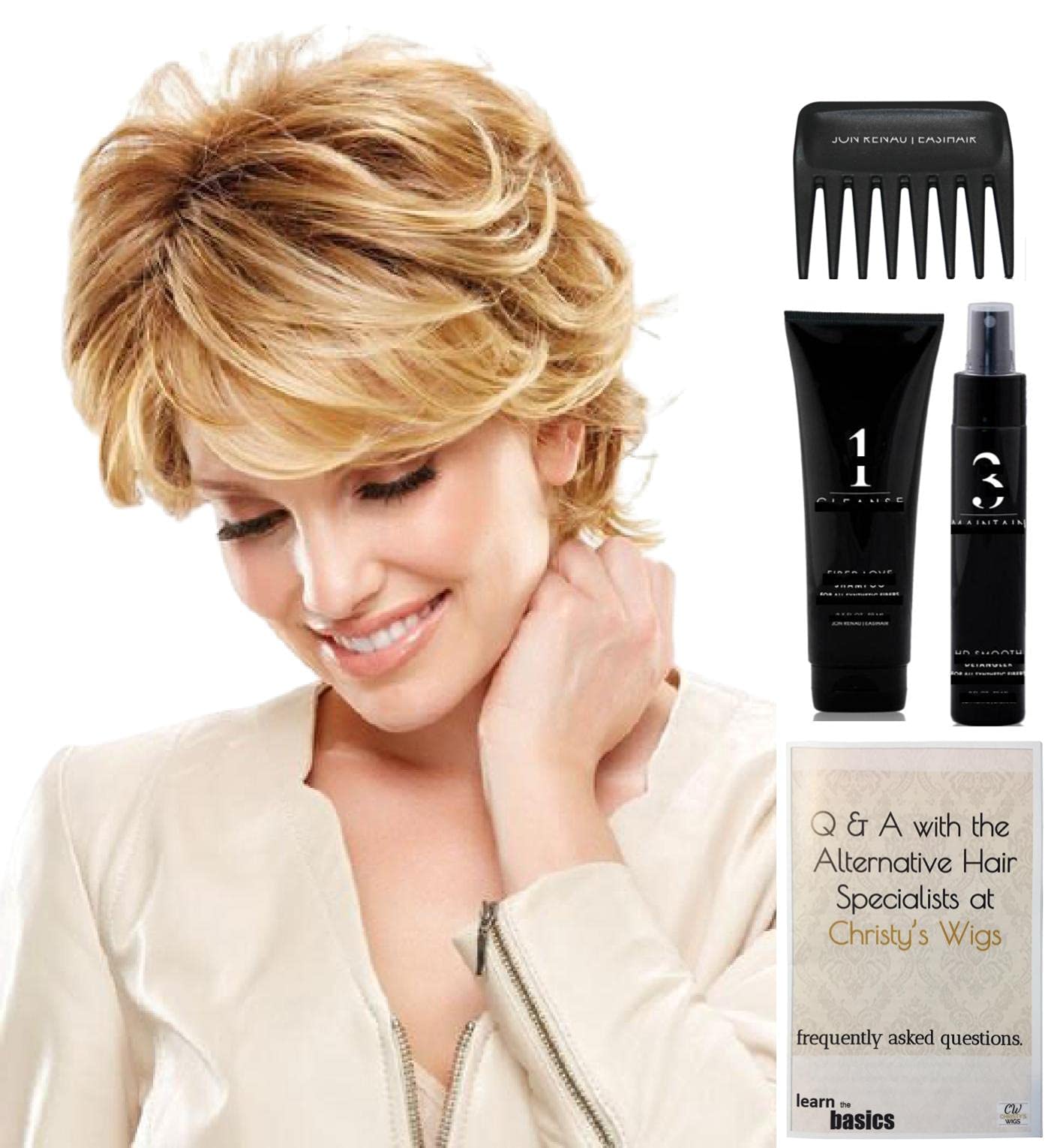 BUNDLE - 5 Items: Naomi Heat Friendly Synthetic Wig by Jon Renau, Christy's Wigs Q & A Booklet, HD Smooth Detangler, Synthetic Shampoo & Wide Tooth Comb - Color: 6F27
