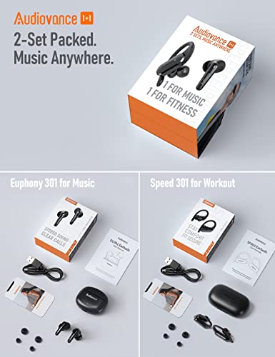 Audiovance 2 Sets Earbuds SPEU 301, True Wireless Headphones Bluetooth 5.2 Earphones, Euphony 301 for Immersive Music, Speed 301 for Workout, Premium Sound, Clear Calls, Waterproof.