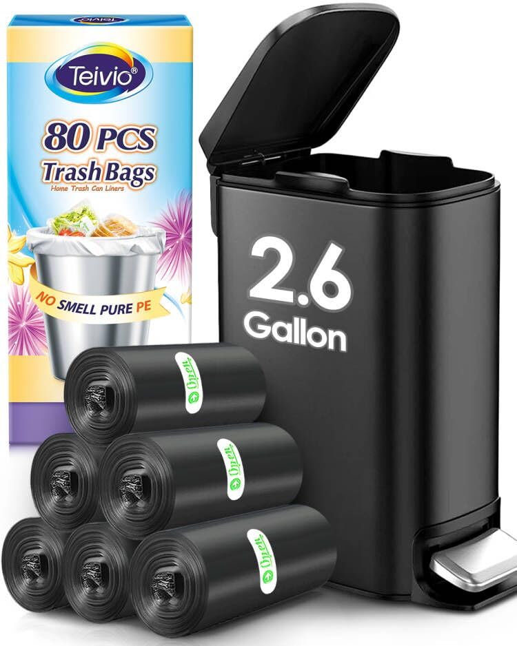2.6 Gallon 80 Counts Strong Trash Bags Garbage Bags by Teivio, Bathroom Trash Can Bin Liners, Small Plastic Bags for Home Office Kitchen,fit 10 Liter, 2,2.5,3 Gal, Black