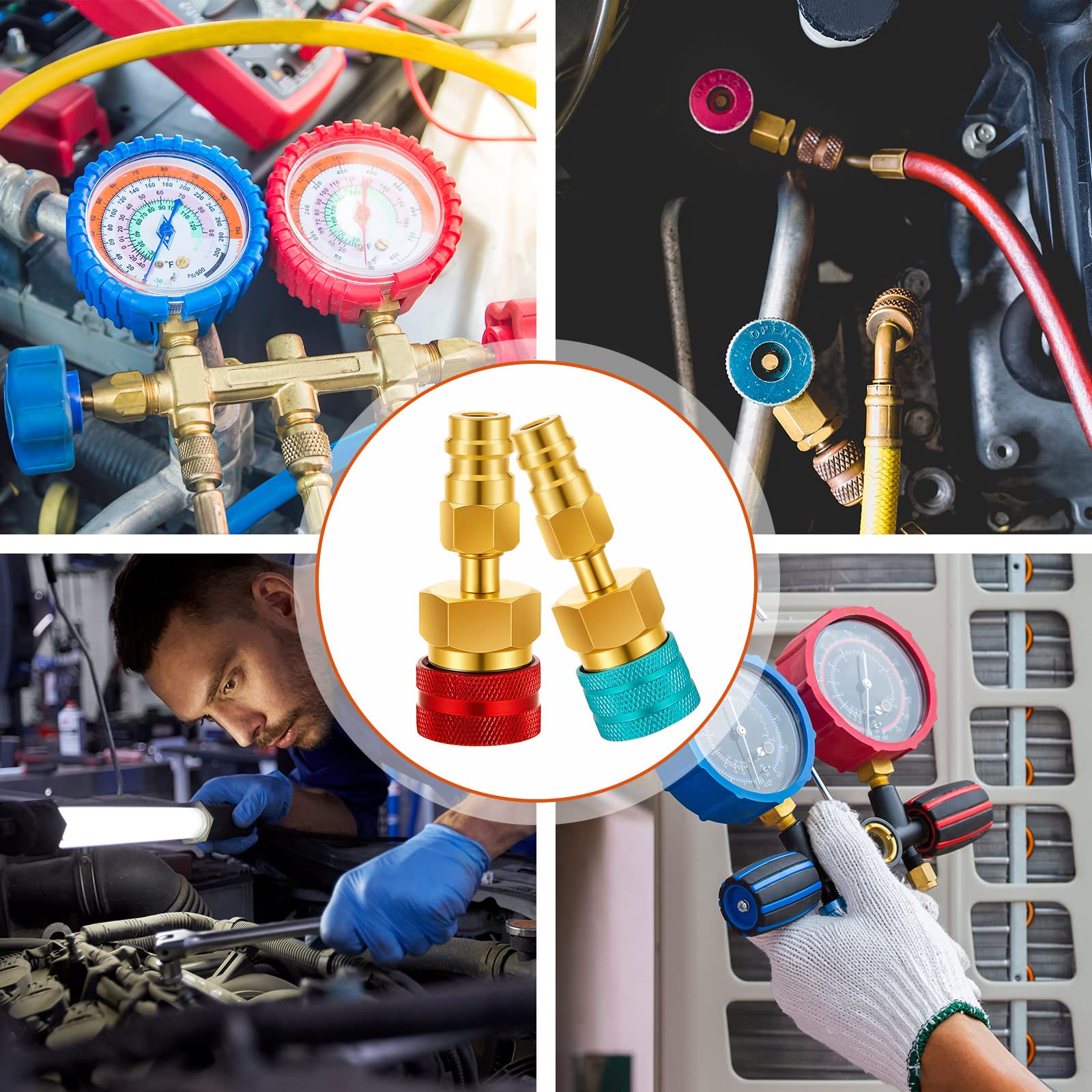 Quick Couplers Kit, R1234YF to R134A Conversion Kit, Blue and Red High Low Side R1234YF Adapters Hose Fitting Connectors for R1234YF Car Air Conditioning System Evacuation Recharging