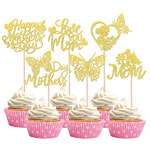 24 PCS Happy Mother's Day Cupcake Toppers Glitter Heart #1 Mom Butterfly Love You Mom Cupcake Picks for Happy Mother's Day Theme Women Birthday Party Cake Decorations Supplies Gold