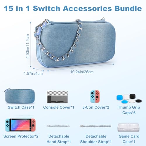 Younik Switch Case for Switch 2017, Denim Switch Carrying Case for Girls, 15 in 1 Accessories kit with Portable Case, Screen Protector, Cover, Thumb Grips Caps, Game Card Case and Strap