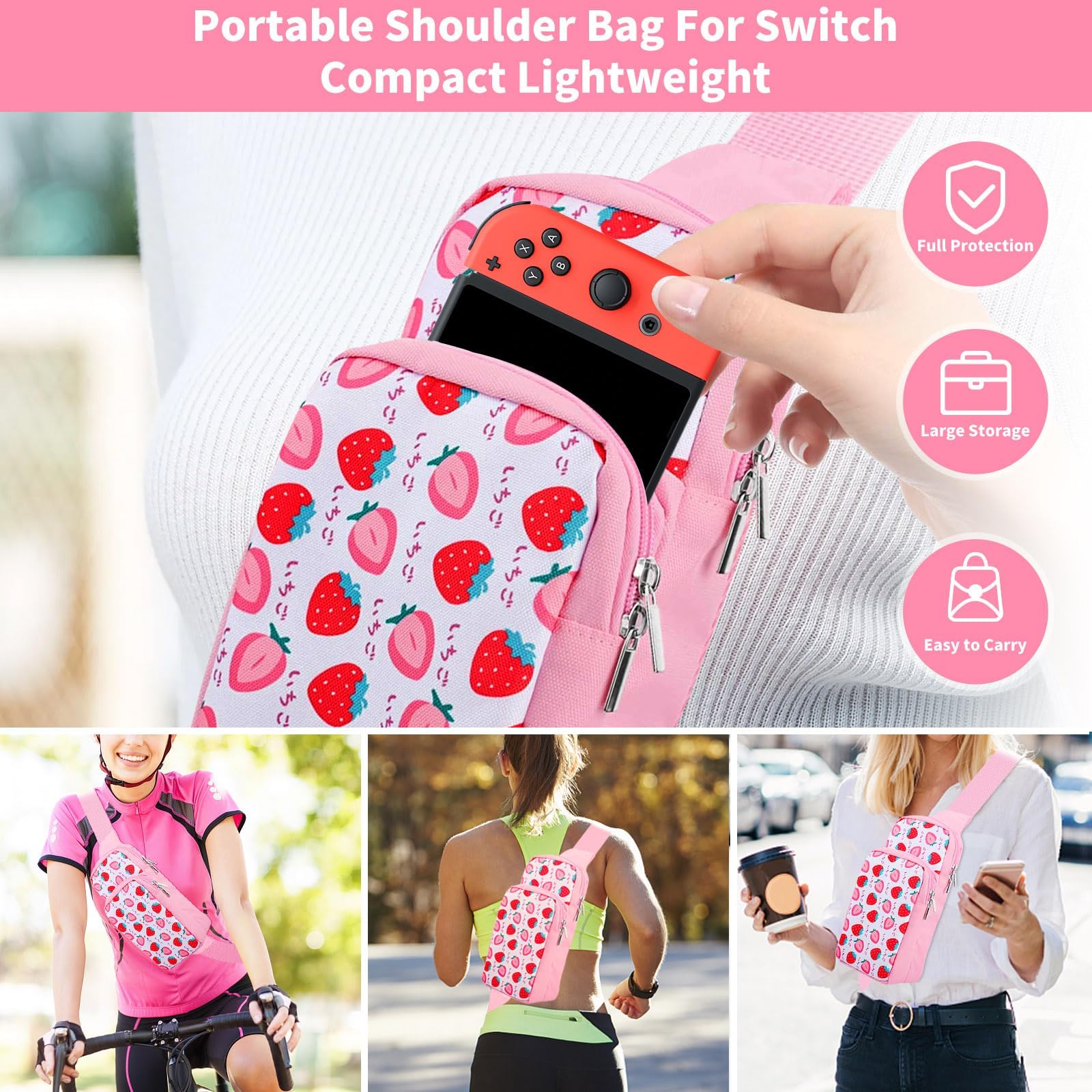 THRCIFLO Cute Pink Strawberry Travel Carrying Bag for Nintendo Switch/OLED/Lite Shoulder Bag Storage Backpack for Switch Accessories, Portable Crossbody Sling Case for Girls
