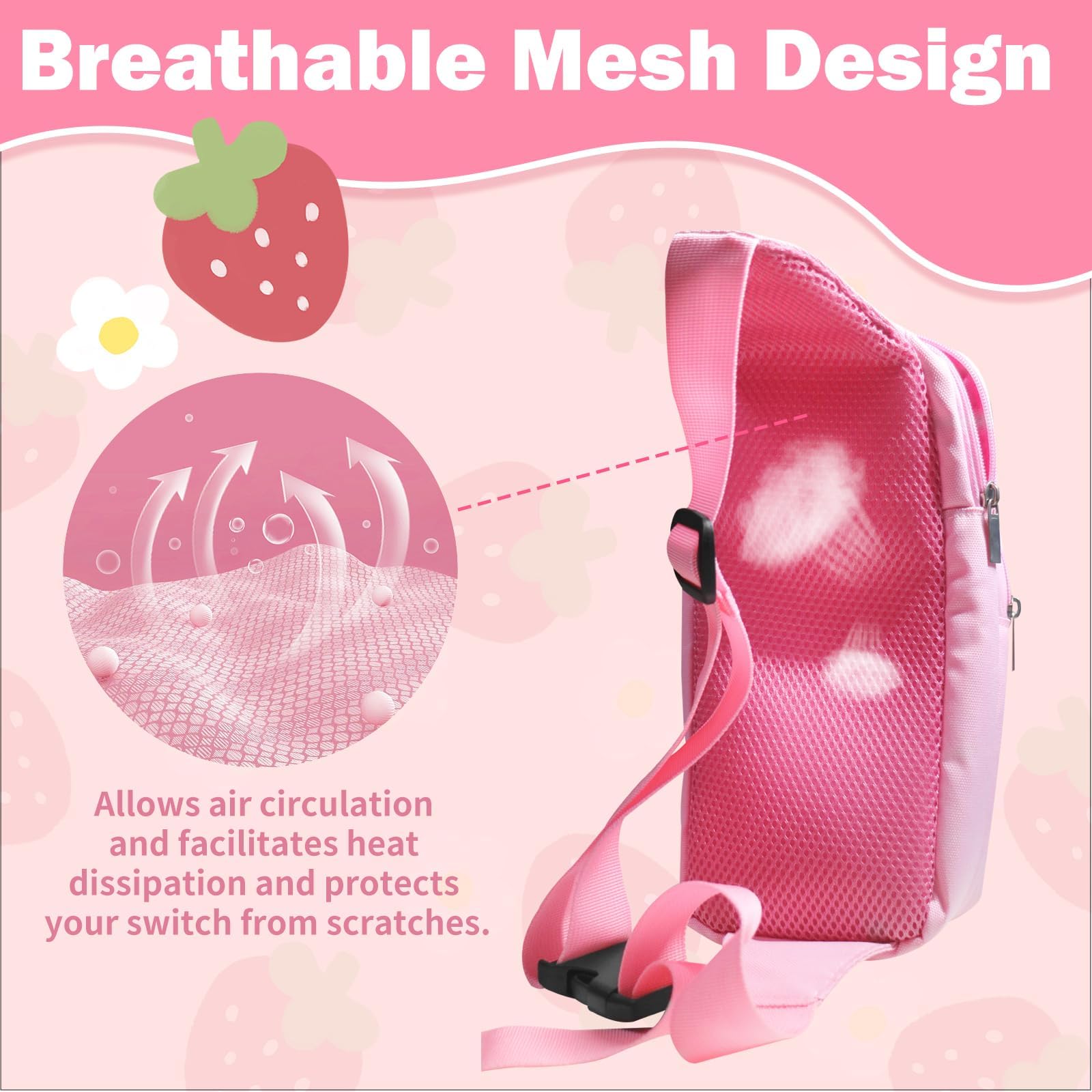 THRCIFLO Cute Pink Strawberry Travel Carrying Bag for Nintendo Switch/OLED/Lite Shoulder Bag Storage Backpack for Switch Accessories, Portable Crossbody Sling Case for Girls