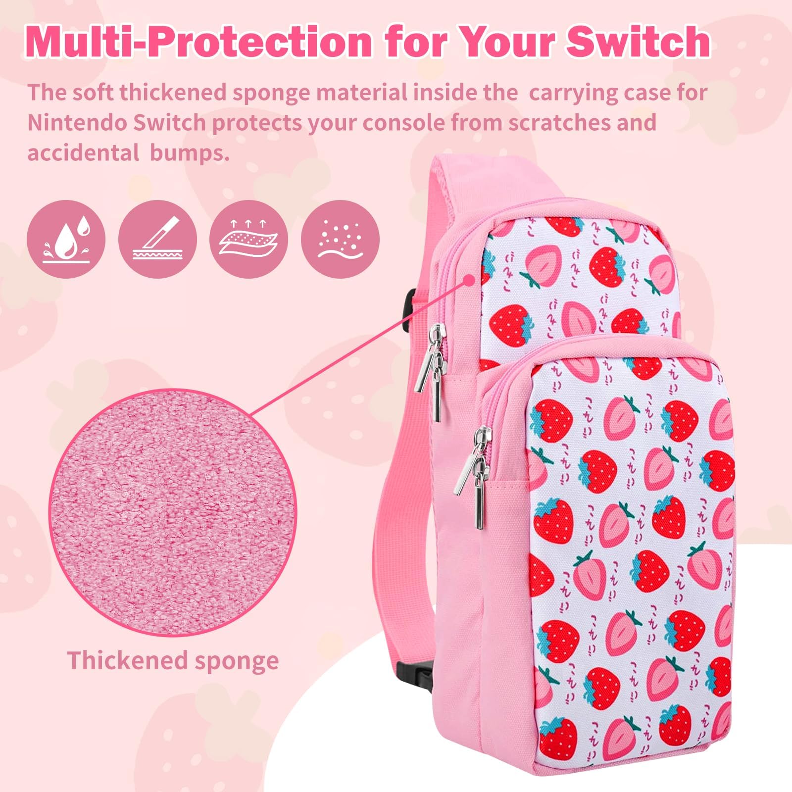 THRCIFLO Cute Pink Strawberry Travel Carrying Bag for Nintendo Switch/OLED/Lite Shoulder Bag Storage Backpack for Switch Accessories, Portable Crossbody Sling Case for Girls