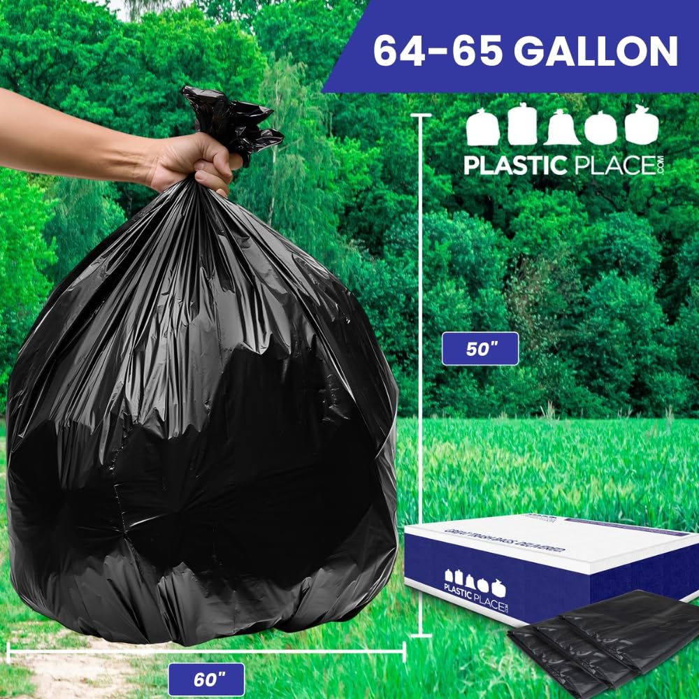 Plasticplace Black Trash Bags (50 Count): Heavy-Duty 64-65 Gallon Garbage Bags, Trash Can Liners, 1.5 Mil for Toter, Perfect Garbage Bag, 50β x 60β, Durable Can Liners