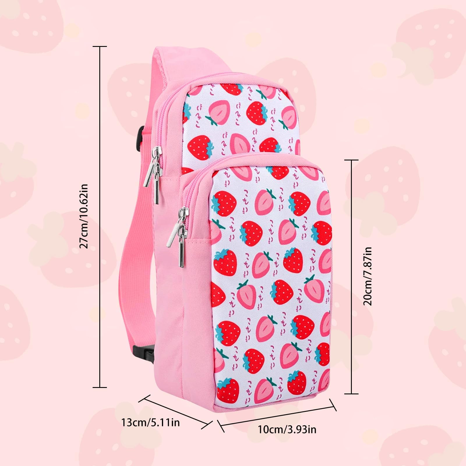 THRCIFLO Cute Pink Strawberry Travel Carrying Bag for Nintendo Switch/OLED/Lite Shoulder Bag Storage Backpack for Switch Accessories, Portable Crossbody Sling Case for Girls