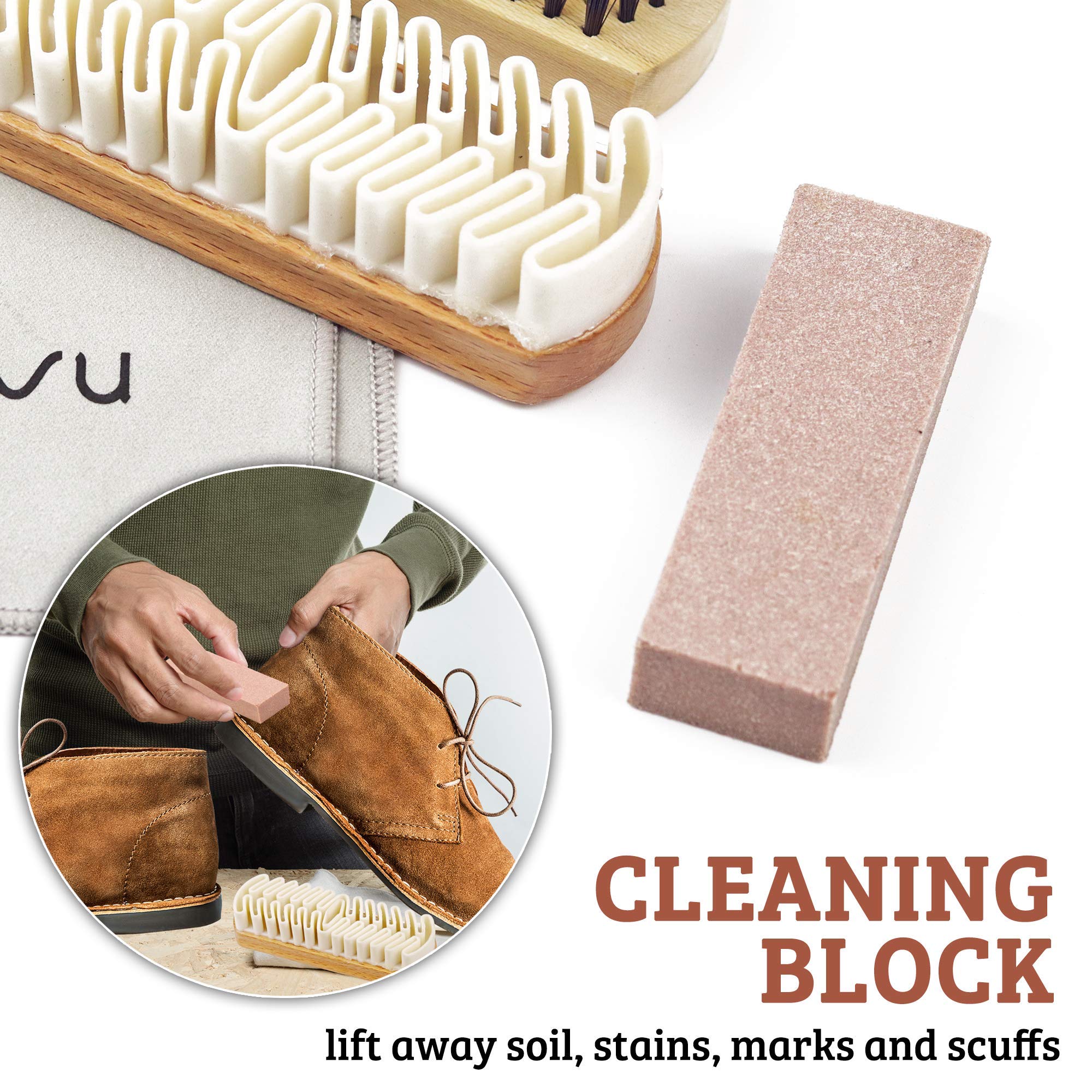 TAKAVU Premium Suede & Nubuck Cleaning Kit - Crepe Brush, Brass Bristle Brush, Microfiber Towel Cloth, Cleaning Block Eraser for Shoes, Boots