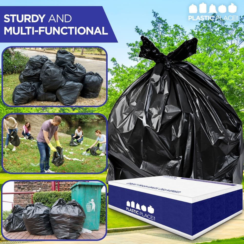 Plasticplace Black Trash Bags (50 Count): Heavy-Duty 64-65 Gallon Garbage Bags, Trash Can Liners, 1.5 Mil for Toter, Perfect Garbage Bag, 50β x 60β, Durable Can Liners