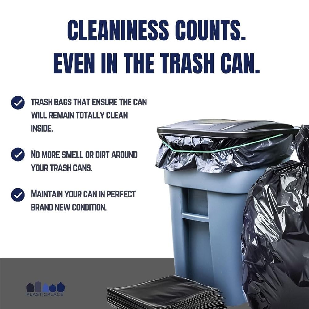 Plasticplace Black Trash Bags (50 Count): Heavy-Duty 64-65 Gallon Garbage Bags, Trash Can Liners, 1.5 Mil for Toter, Perfect Garbage Bag, 50β x 60β, Durable Can Liners