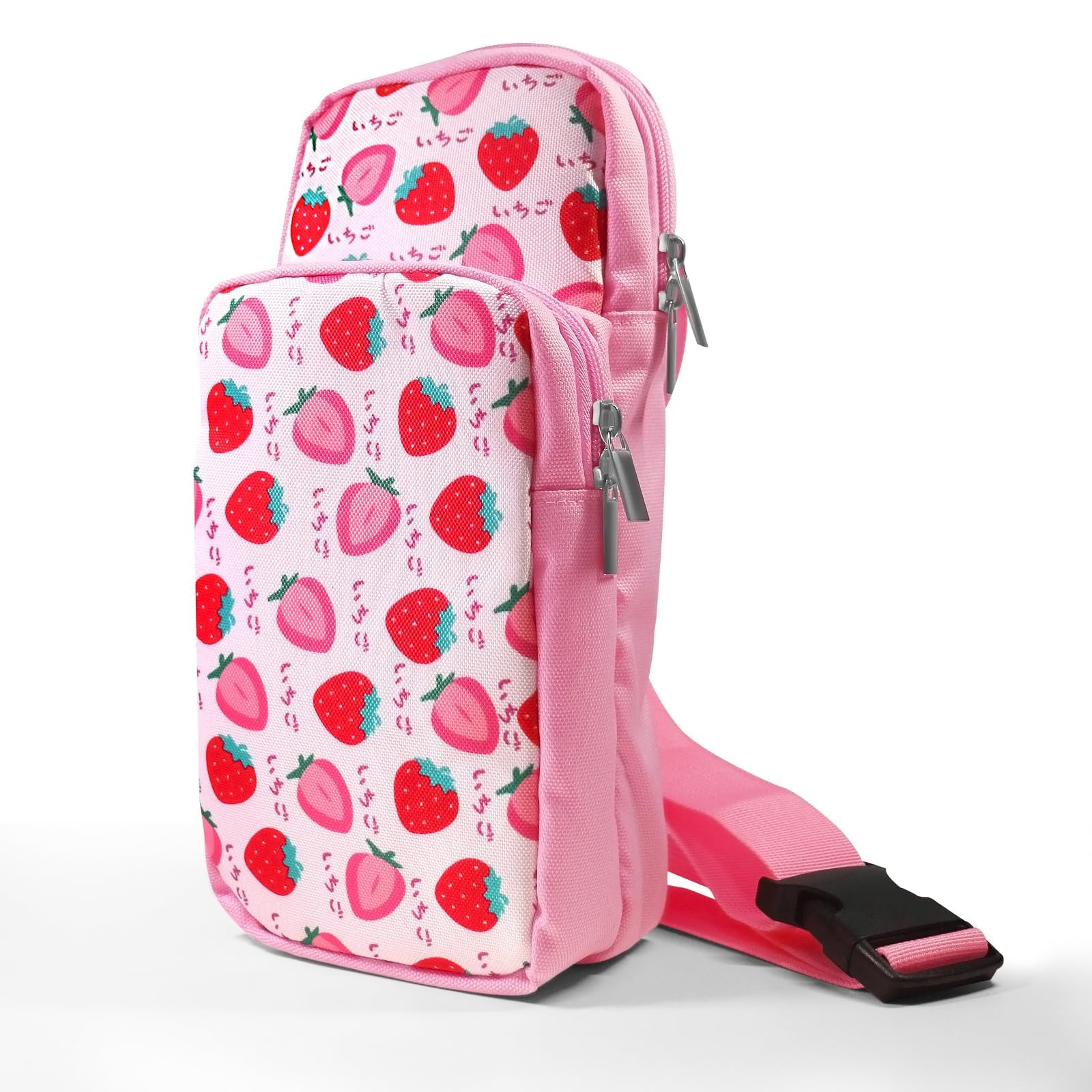 THRCIFLO Cute Pink Strawberry Travel Carrying Bag for Nintendo Switch/OLED/Lite Shoulder Bag Storage Backpack for Switch Accessories, Portable Crossbody Sling Case for Girls