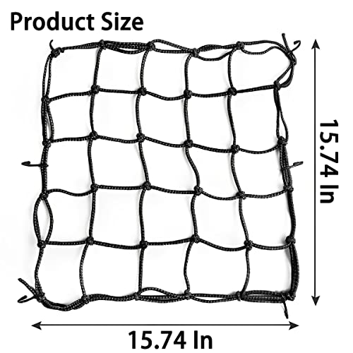 Motorcycle Reflective Cargo Net, 15.7"x15.7" Bungee Cargo Net Natural Latex Core, Stretchable Luggage Thicken Netting with 6 Hooks, Fuel Tank Helmet Mesh for Motorcycle Bikes ATVs UTVs (Black)