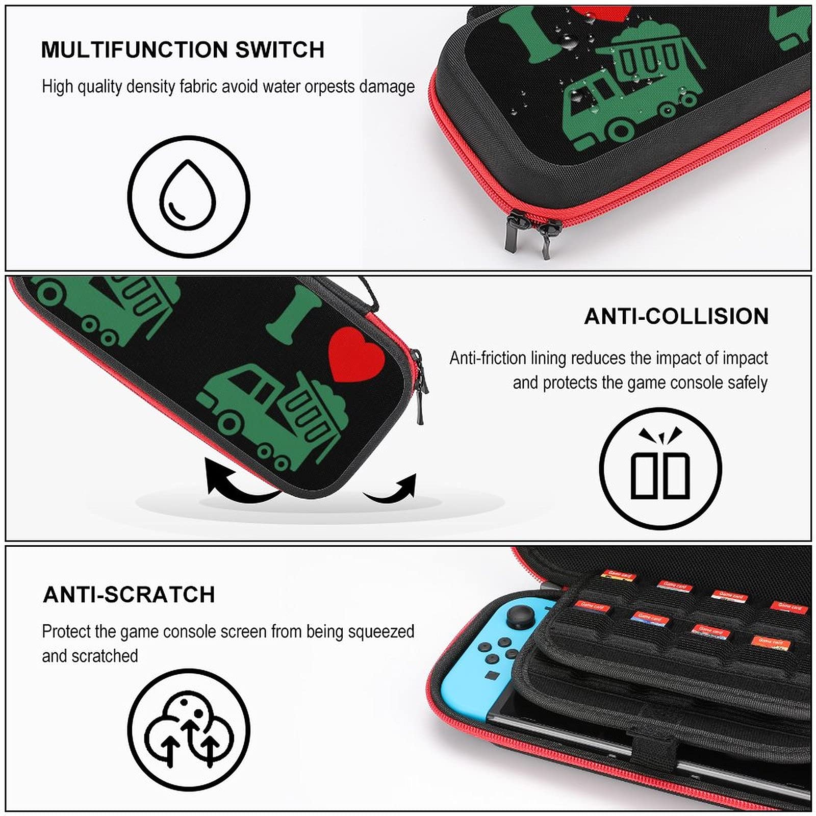 I Heart Love Trash Garbage Trucks Carrying Storage Cases for Nintendo Switch Protective Portable Hard Shell Pouch Carrying Travel Game Bag