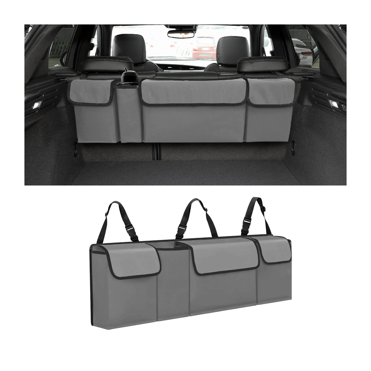 AUCELI Car Trunk Organizer, Backseat Hanging Large Storage with Adjustable Straps, Waterproof Collapsible Cargo Bag with 4 Pockets, Sturdy Space Saver Frees Trunk Floor for SUV, Truck, MPV