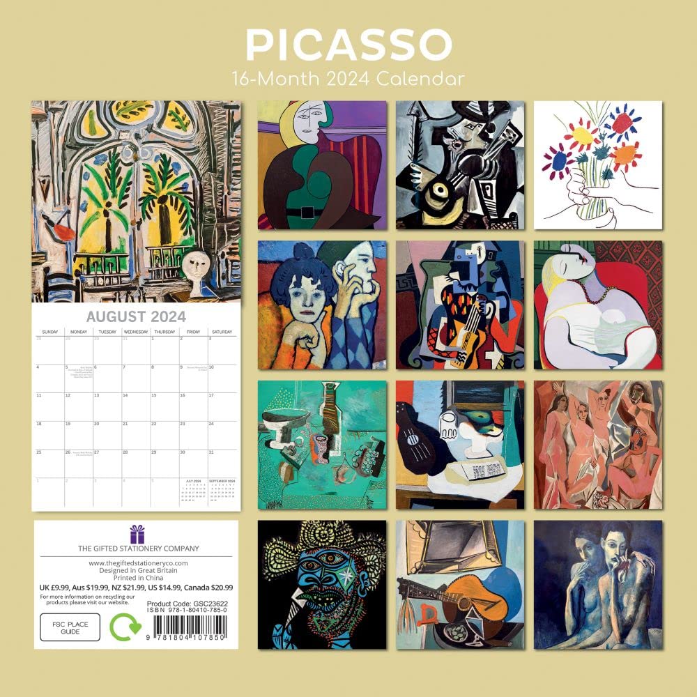 2024 Square Wall Calendar - Picasso 12 x 12 Inch Monthly View, 16-Month, Art Theme, Includes 180 Reminder Stickers
