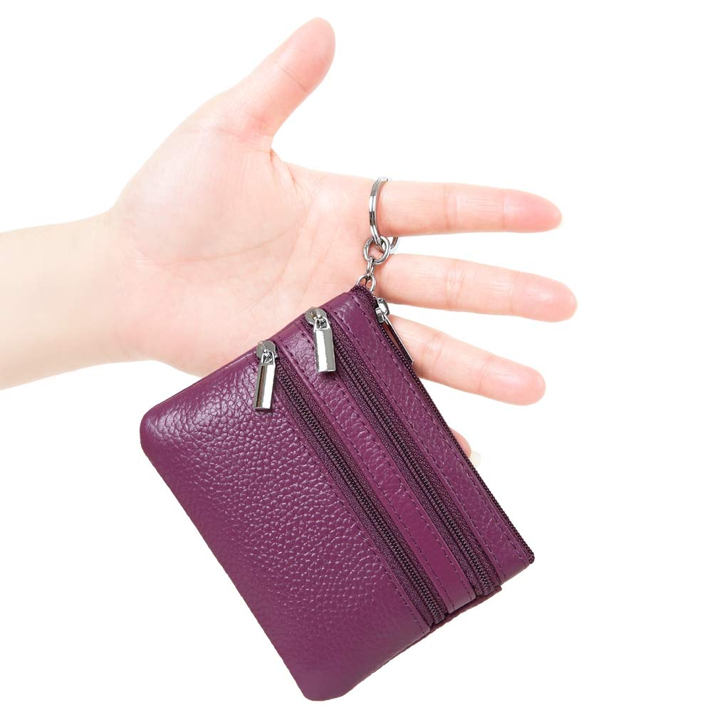 Women's Genuine Leather Coin Purse Mini Pouch Change Wallet with Keychain,purple