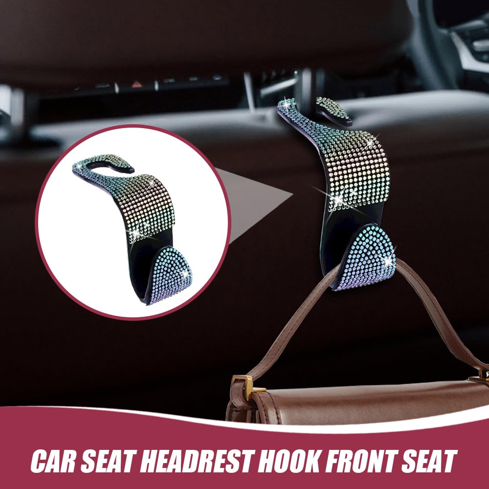 deemars 2 Pack Car Seat Headrest Hook, Bling Car Hooks Front Seat, Back Seat Organizer Hanger Storage Hook Car Purse Hook for Bags, Clothes, Coats, Grocery Bags (Colorful)