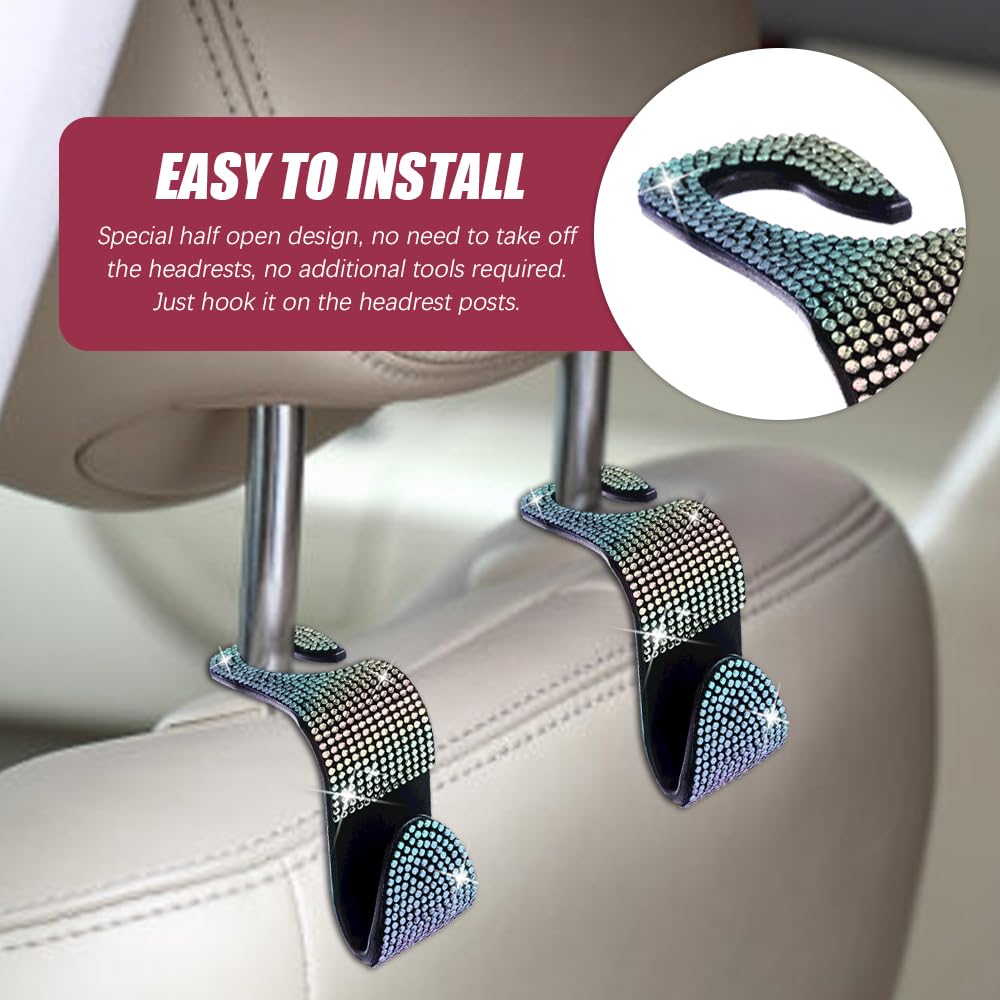 deemars 2 Pack Car Seat Headrest Hook, Bling Car Hooks Front Seat, Back Seat Organizer Hanger Storage Hook Car Purse Hook for Bags, Clothes, Coats, Grocery Bags (Colorful)