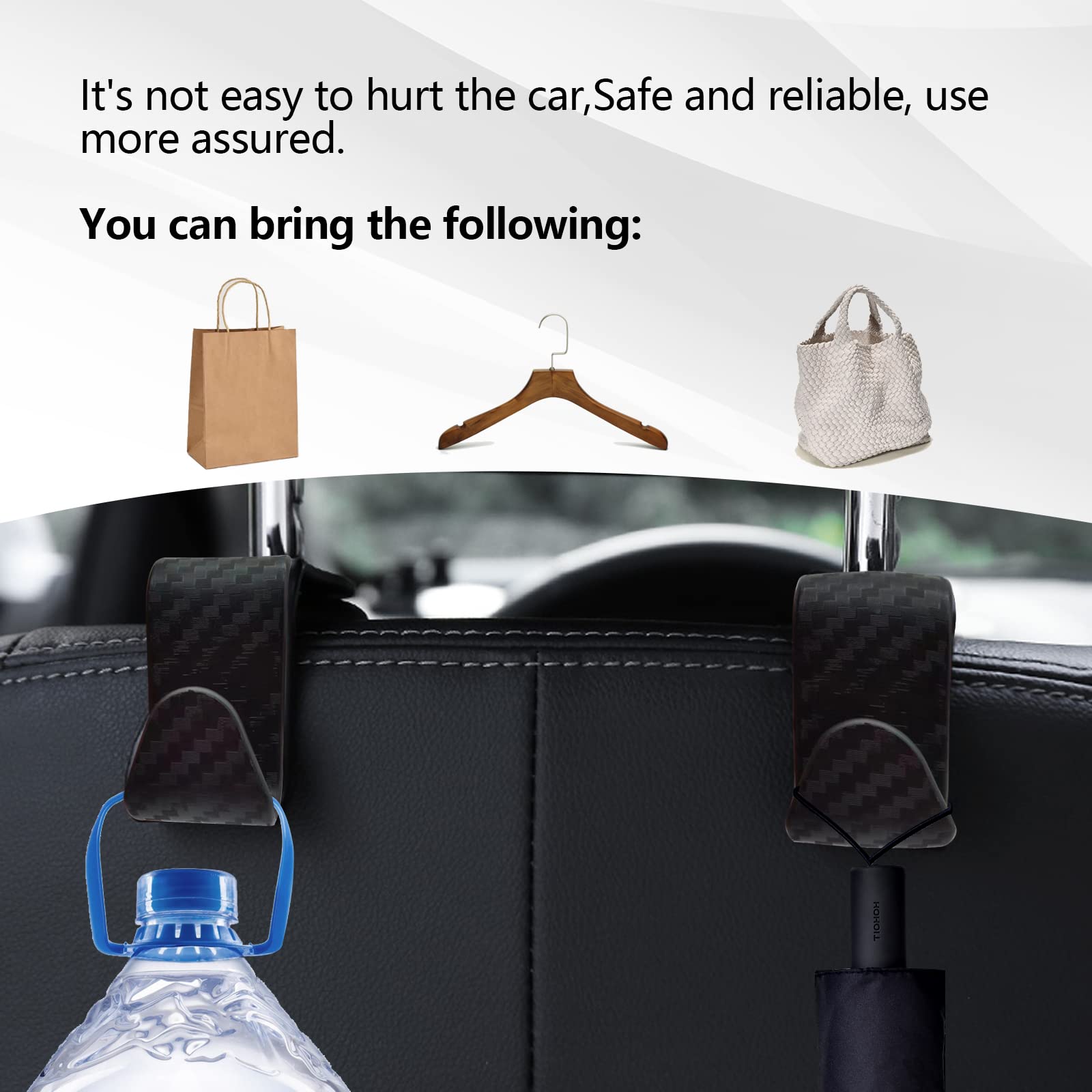 4 Packs Car Back Seat Headrest Hanger, Universal Vehicle Storage Organizer, Stylish Back Seat Hanger for Your Purse, Grocery Bags, Handbag to Keep Them from Sliding Around While Driving, Carbon Fiber