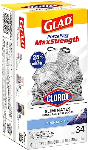 Glad ForceFlex MaxStrength with Clorox Tall Kitchen Trash Bags, 13 Gal, 34 Ct (Package May Vary)