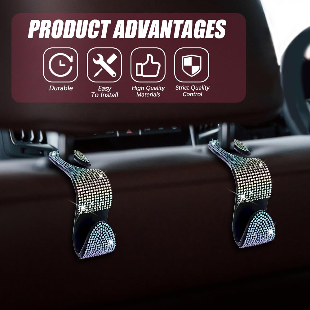 deemars 2 Pack Car Seat Headrest Hook, Bling Car Hooks Front Seat, Back Seat Organizer Hanger Storage Hook Car Purse Hook for Bags, Clothes, Coats, Grocery Bags (Colorful)