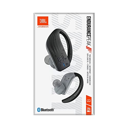 JBL ENDURANCE PEAK - True Wireless Earbuds, Bluetooth Sport Headphones with Microphone, Waterproof, up to 28 hours Battery, Charging Case and Quick Charge, Works with Android and Apple iOS (black)